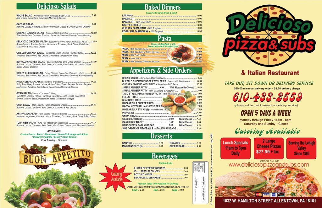 Pizza Menu | Delicioso Pizza & Subs | Allentown PA